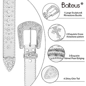Women Men Rhinestone Belt,Fashion Western Cowgirl Cowboy Bling Studded Cross Leather Belt Diamond Belt for Jeans Dress,White,M
