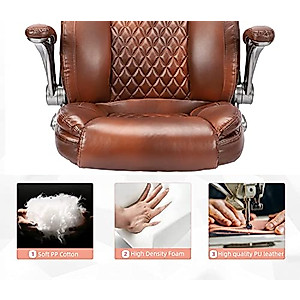 High Back Office Chair- Flip Arms Adjustable Leather Support Task Home Desk Chairs, Executive Computer Desk Chair Work Chairs, Thick Padded Strong Metal Base, Ergonomic Design for Back Pain