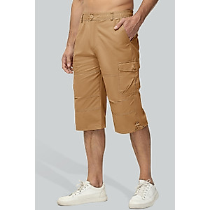 MAGCOMSEN Men's below Knee Long Shorts Cotton Work 3/4 Cargo Capris 7 Pockets Twill Military Summer Shorts Khaki 32
