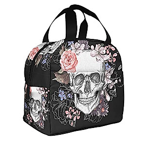 Zoczos Skulls Large Lunch Box Day Of The Dead Skeleton Vintage Grunge Gothic Roses Floral Reusable Lunch Bag for Work Beach