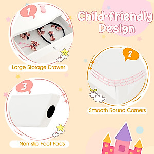 Costzon Kids Vanity, Girls Vanity Set with Mirror and Stool and Lights, Drawer, 2 in 1 Wooden Princess Makeup Desk Dressing Table, Toddler Vanity, Pretend Play Kids Vanity Table and Chair Set (White)