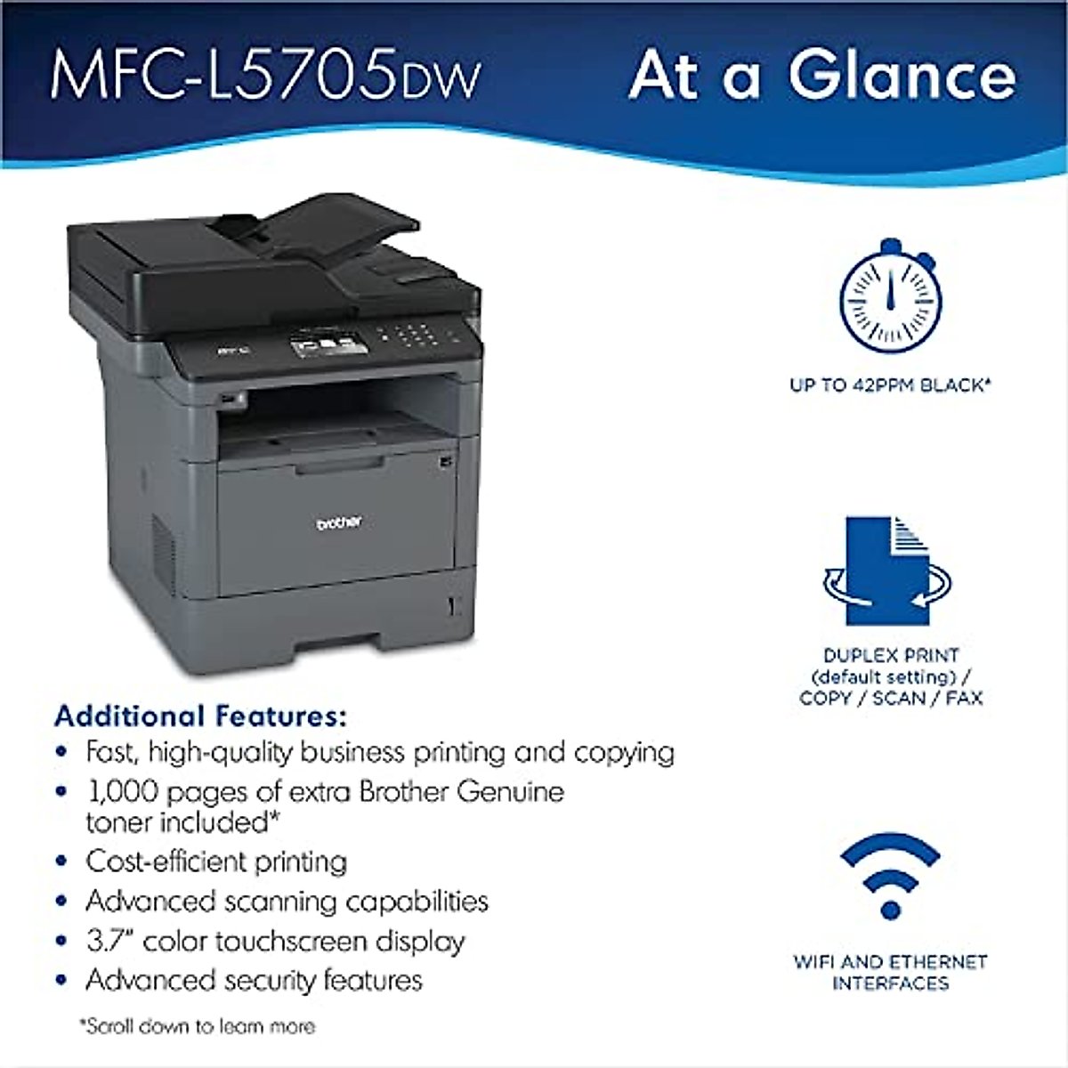 Brother MFC-L5705DW All-in-One Wireless Monochrome Laser Printer, Print Copy Scan Fax, Duplex (2-Sided), Ethernet, Hi-Speed USB 2.0, 42ppm, 1200x1200 dpi, 3.7" Touch LCD, Durlyfish