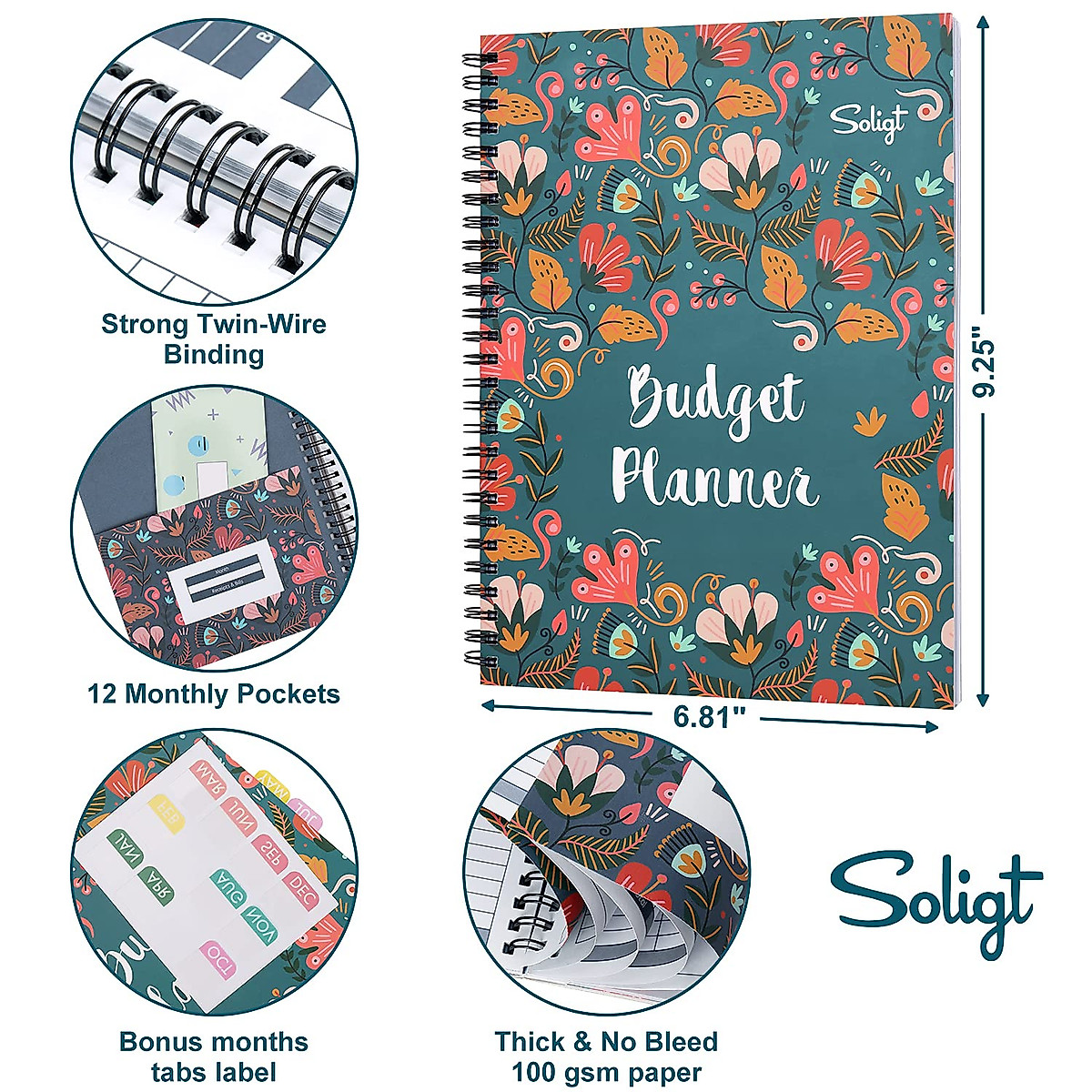 Monthly Budget Planner [Undated] with 12 Bill Pockets for Income, Debt, Saving, Expense and Bill Tracker Organizer, Blue, Floral Design