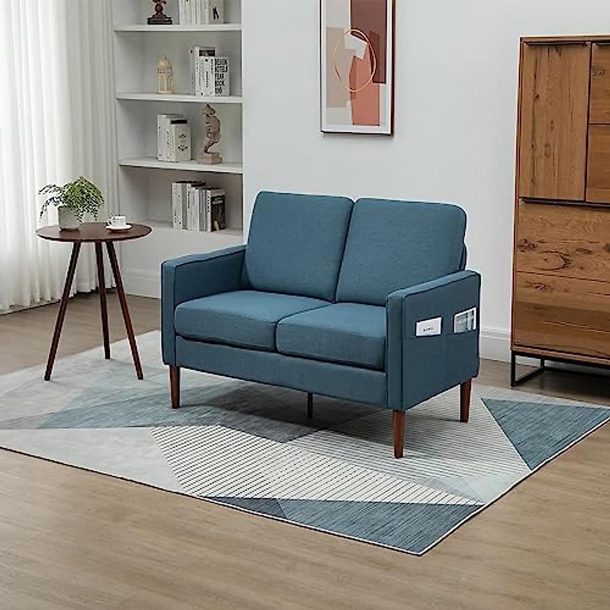 X-VOLSPORT Modern Living Room Loveseat Sofa Couches, Upholstered Linen Fabric Love Seat Armchair Couch with Wide Wooden Legs for Living Room and Office, Blue