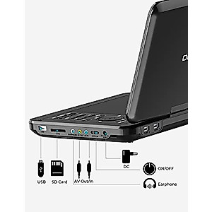 DBPOWER 12" Portable DVD Player with 5-Hour Rechargeable Battery, 10" Swivel Display Screen and SD/ USB Port, with 1.8m Car Charger, Power Adaptor and Car Headrest Mount, Region Free (Black)