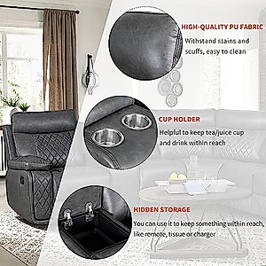 Eafurn Grain Leather Upholstery Manual Reclining Sectional Storage Console and Cup Holders,Symmetrical Motion Sofa & Corner Couch Living Room Furniture Set Home Theater Seating Movie Chair, Gray