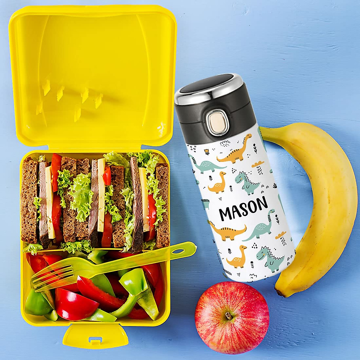 Andaz Press Personalized Kids Tumbler Dinosaur Kids Stainless Steel Water Bottle with Leakproof Flip Lid- 10oz BPA-Free Tumbler For Boys, Girls, Students, Birthday Party Favors Gifts, 1-Pack