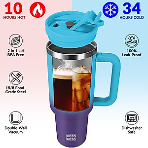40oz Tumbler with Handle | Insulated Stainless Steel Travel Mug | 34Hrs Cold & 10Hrs Hot Retention | 100% Leakproof Lid & Straw | Dishwasher Safe + Car Cup Holder Fit (Light Blue Violet Gradient)