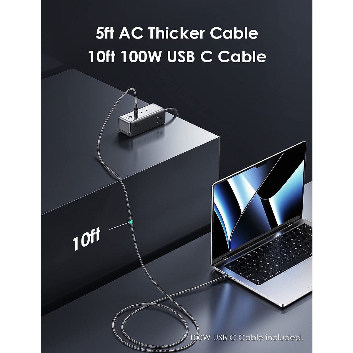120W USB C Charging Station with 2AC Outlets, oraimo GaN Charger, PPS, Fast Charger, USB C Wall Charger for MacBook, iPhone, Ipad, Samsung (100W USB C Cable Included)