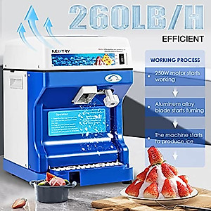 NEWTRY Commercial Ice Shaver Machine Electric Ice Cube Crusher Snow Cone Maker Thickness Adjustable 260lb/h for Small Ice Cubes Summer Parties Bar Use 110V US