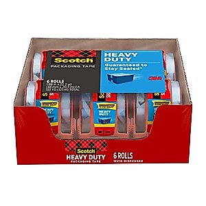 Scotch Heavy Duty Packaging Tape, 1.88" x 22.2 yd, Designed for Packing, Shipping and Mailing, Strong Seal on All Box Types, 1.5" Core, Clear, 6 Rolls with Dispenser (142-6)