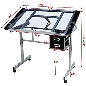 Topeakmart Glass Drafting Table Rolling Drawing Desk Artists Art Craft Desk w/2 Slide Drawers and Wheels for Home Office School