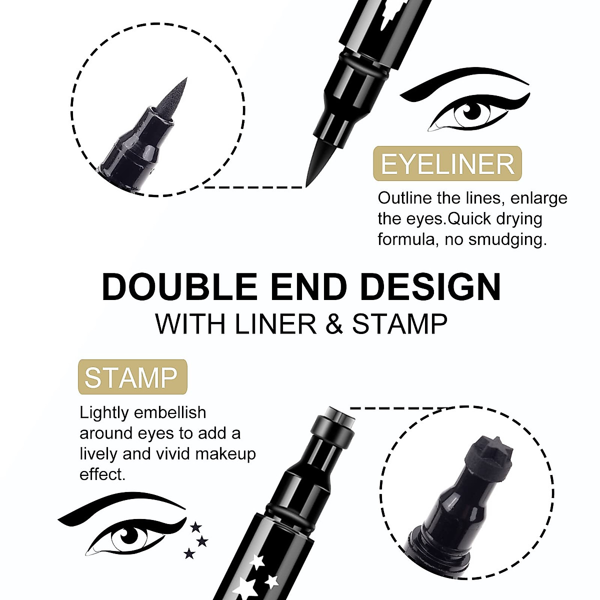 Ownest 3 Pcs Double-sided Liquid Eyeliner Pen,with Eye Makeup Stamp Super Slim Gel Felt Tip High Black Pigment,Waterproof Smudgeproof Long Lasting Eyeliner Eye Tattoo Makeup Tool