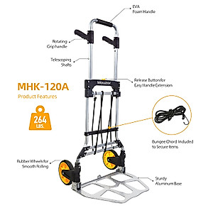 Mouzor Folding Hand Truck Dolly Cart, 264 Lb Capacity Aluminum Heavy Duty Portable and Foldable Luggage Trolley Cart with Telescoping Handle and Rubber Wheels