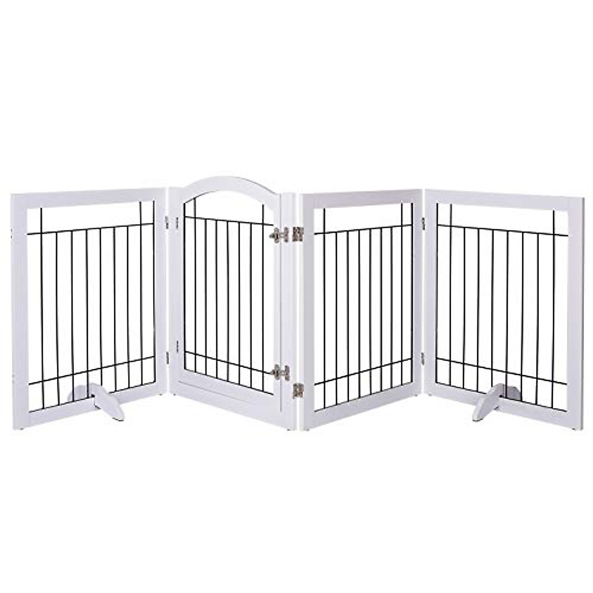 SPIRICH 96-inch Extra Wide 30-inches Tall Dog Gate with Door Walk Through, Freestanding Wire Pet Gate for The House, Doorway, Stairs, Pet Puppy Safety Fence, Support Feet Included (White)