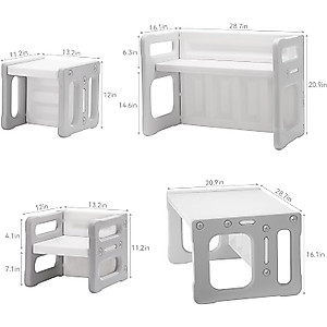 DOREROOM 4 in 1 Kids Table and 2 Chairs Set with Storage, Toddler Table and Chair Set for Kids Ages 3-10, Graffiti & Building Blocks Double-Sided Tabletop (Gray, 2 Chairs)