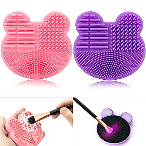 TailaiMei 2 Pack Makeup Brush Cleaning Mat with Color Removal Sponge, 2 in 1 Design Silicone Cleaner Pad for Dry Brush Color Switch and Wet Cleaning (Pink&Purple)