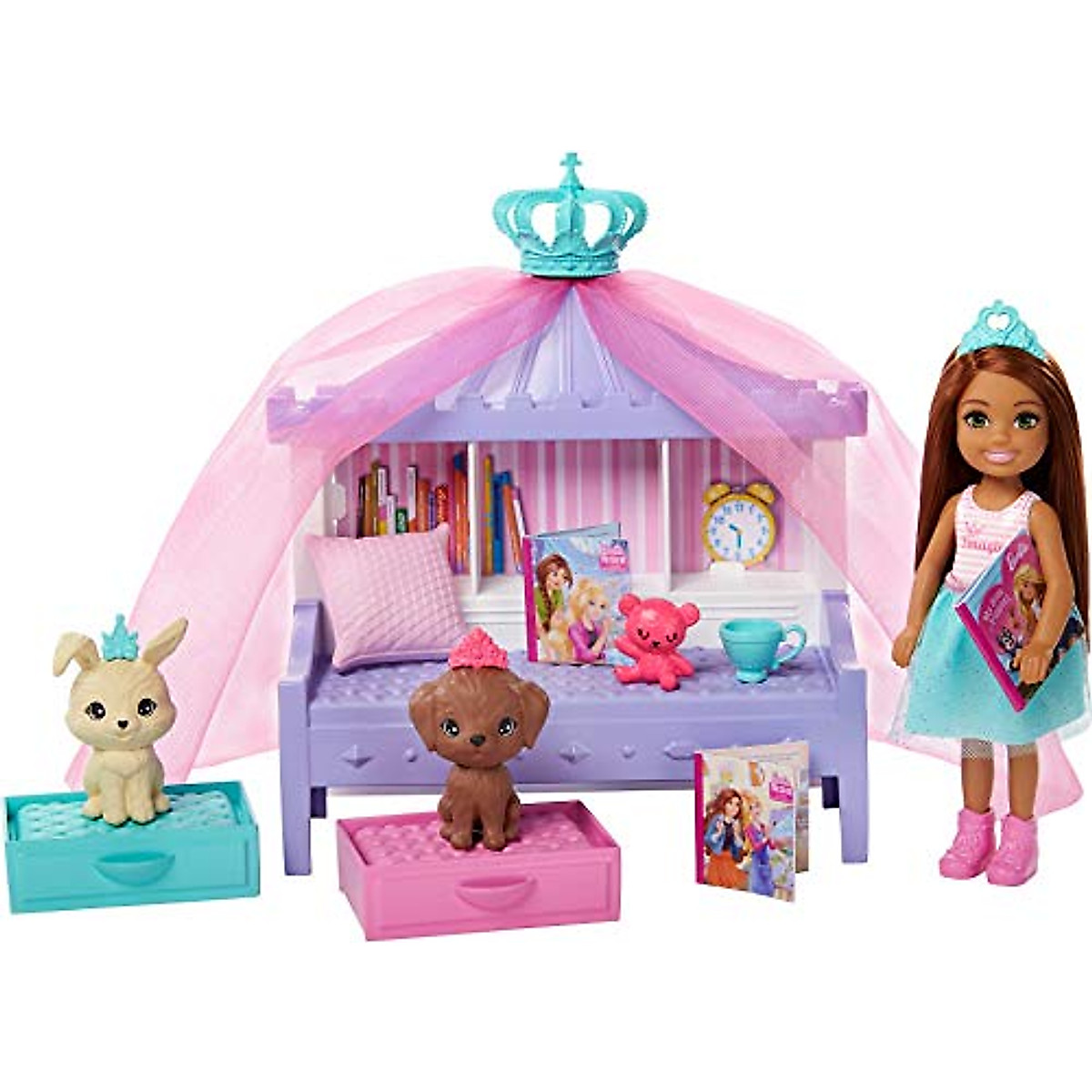 Barbie Princess Adventure Chelsea Princess Storytime Playset, with Chelsea Doll, Canopy Bed, 2 Pets and Accessories, Gift for 3 to 7 Year Olds