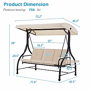AECOJOY 3-Seat Outdoor Patio Swing Chair, Converting Swing Glider Canopy Hammock w/Adjustable Backrest and Canopy, Removable Cushions for Porch, Backyard, Poolside, Beige