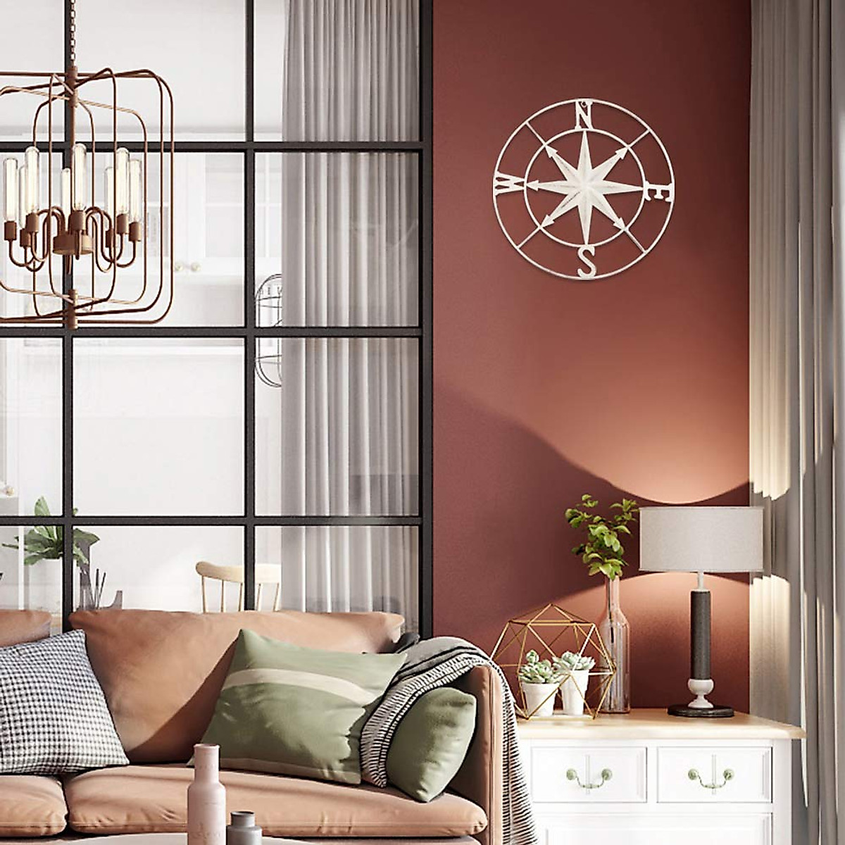 YIYA 11.8" Distressed Metal Compass Decoration Metal Decorative Compass for Nautical Decoration Bedroom Living Room Garden Office Wall Hanging Beach Theme Home Decoration (White)