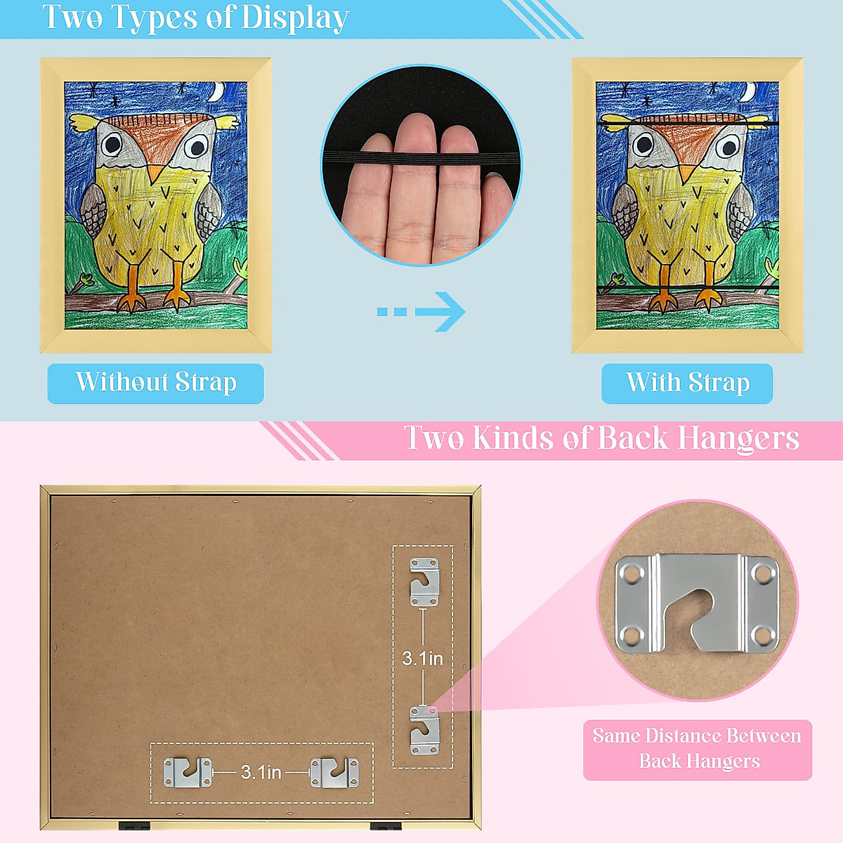 [2-Pack] Kids Art Frames, 8.5x11 Front Opening Kids Artwork Frames Changeable, Gold Artwork Display Storage Frame for Wall, Holds 50 Pcs, for 3D Picture, Crafts, Children Drawing, Hanging Art,