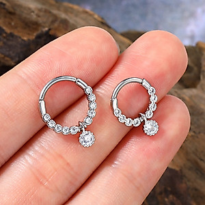 CM Crareesi Mania Dangle Septum Ring 8mm Clear Septum Jewelry 316L Stainless Steel Daith Piercing Jewelry 16G Septum Dangle Nose Rings for Women Cartilage Helix Earrings