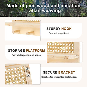PHWRECZ Rattan Rack Shelf Rattan Coat Rack Shelf Wall Mounted with 4 Hooks Decorative Rattan Wall Rack Floating Rattan Shelf Wall Mount Entryway Rattan Rack Easy to Install