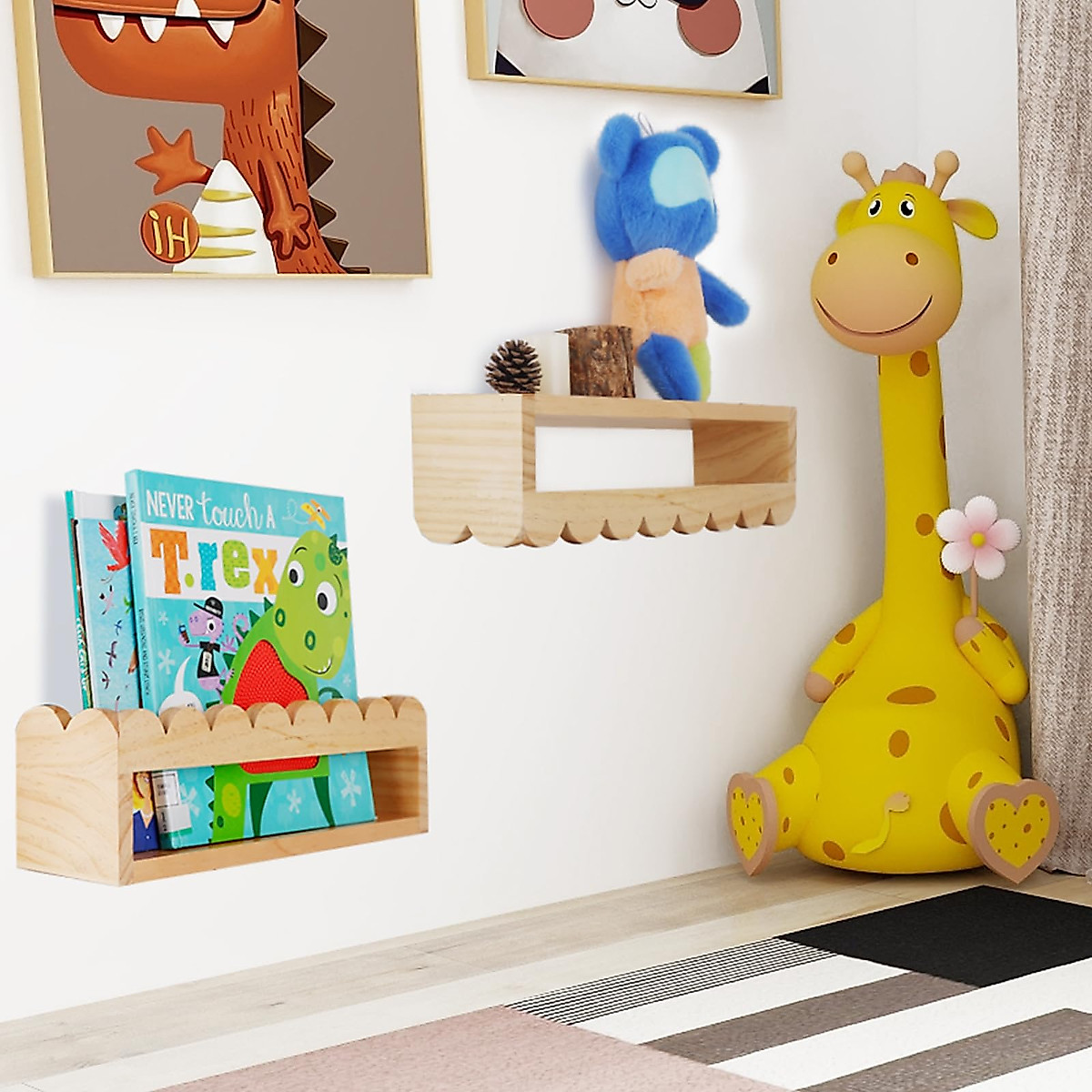 Zouboat Scalloped Floating Nursery Bookshelves for Wall,Set of 2 Natural Wood Wall Bookshelf for Kids Rooms,Preassembled Baby Bookshelf,Hanging Storage Shelves