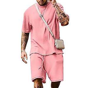 Babioboa Men's Sweatsuit Short Sleeve T Shirt Suit Summer Waffle Tee Short Sets Casual Daily Duty-off 2 pieces(Pink,S)