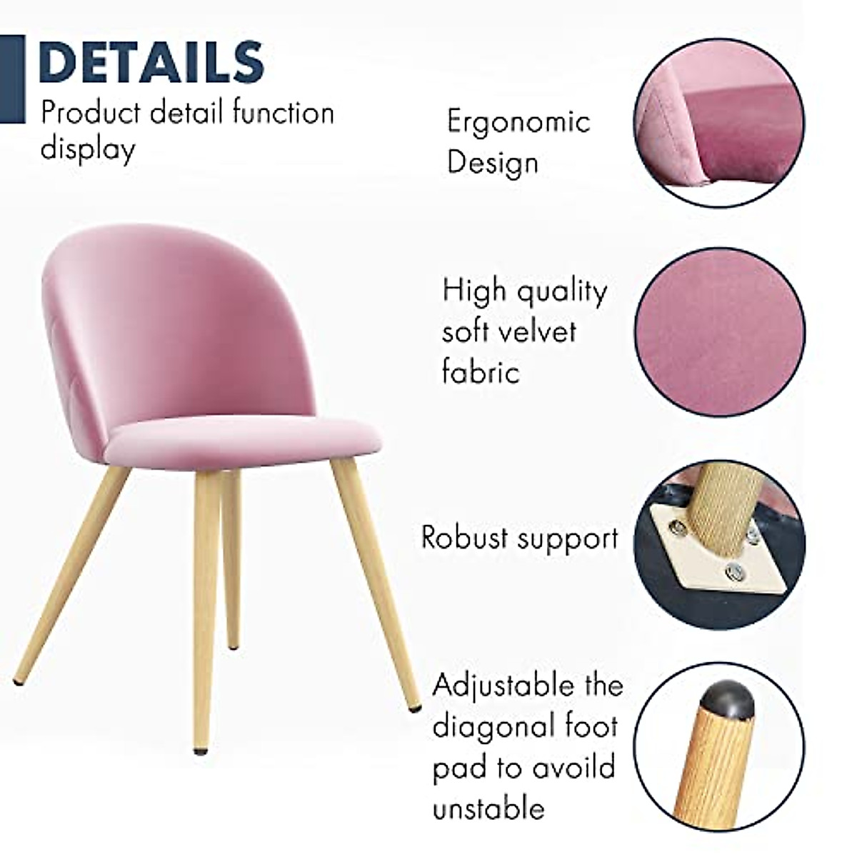 Fangflower Accent Living Room Chairs - Pink Velvet Dining Chairs Set of 2, Vanity Armless Chair for Makeup Room, Bedrooms, Kitchen, Upholstered Side Chairs with Wooden-Like Legs