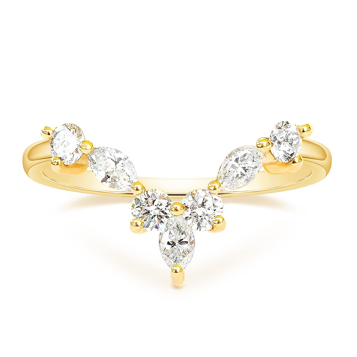 Mameloly Wedding Bands for Women Marquise & Round Shaped Gold Stackable Cubic Zirconia CZ V Shape Curved Engagement Rings for Her Size 7