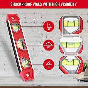 WORKPRO 9-Inch Torpedo Level Magnetic, Small Leveler Tool with 3 Different Bubbles 45°/90°/180° and Overhead Viewing Window, Shock Resistant Bubble Level V-Groove for Measuring plumbing, wood, etc.