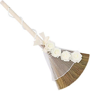 Wedding Broom for Jumping Ceremony, Decorative Jump Broom DIY White Tulle Accents with Ribbons Artificial Pearl Roses