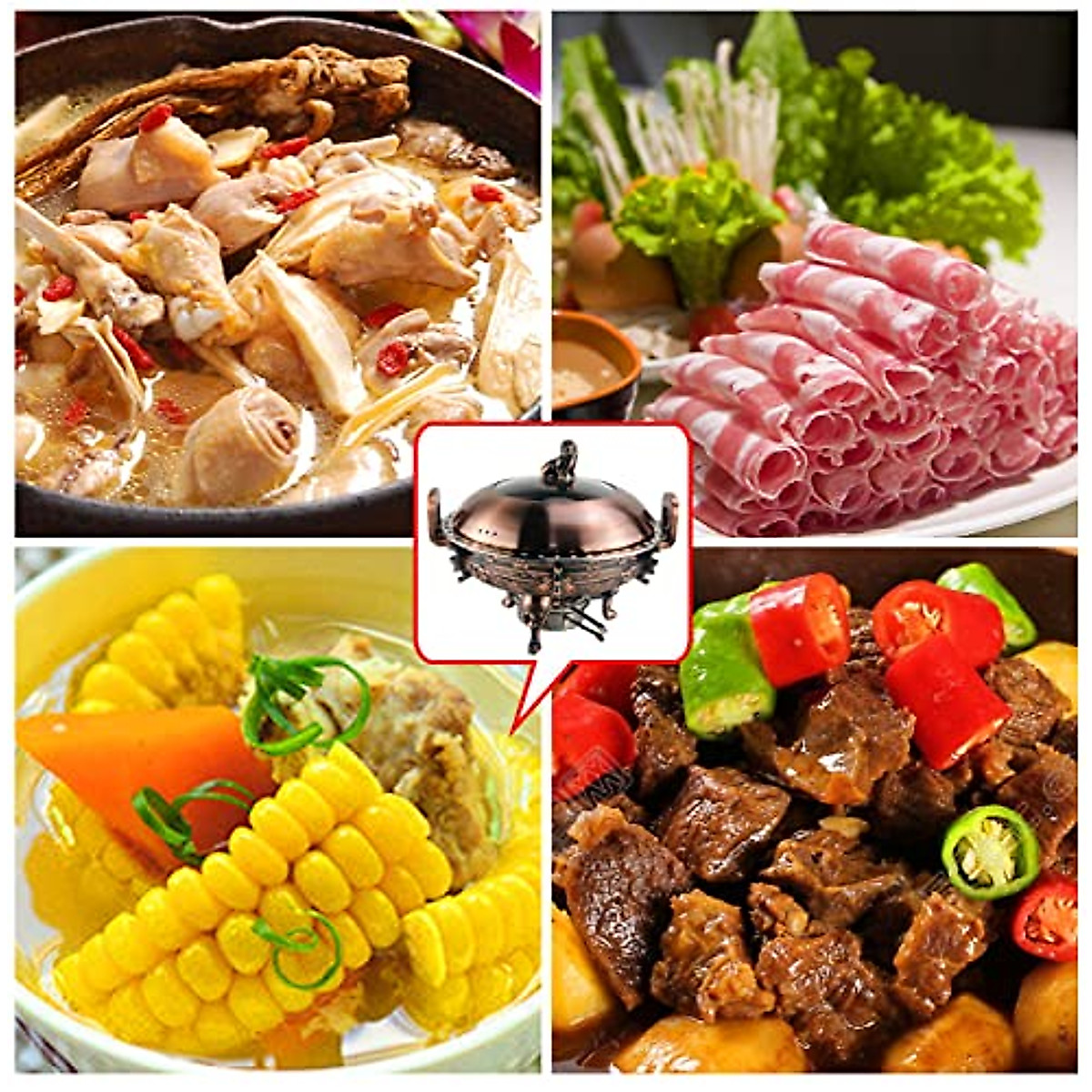 Retro Hot Pot Shabu Shabu Pot 1.3L Small Hotpot with Alcohol Stove - Single Person Soup Boiler Food Warmer Chafing Dish Set, Fuel not Included/Red Copper