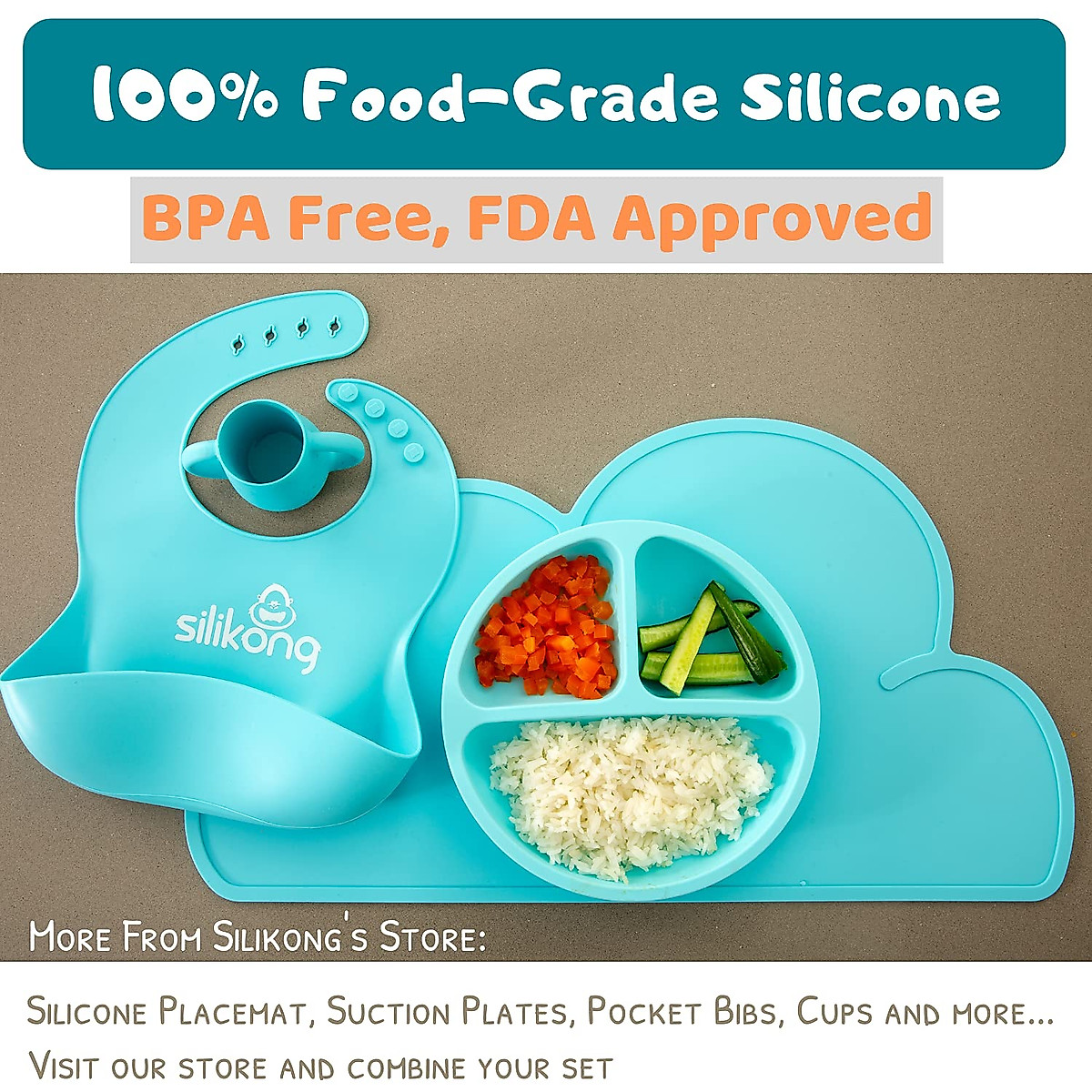 Silikong Divided Silicone Plates for Toddlers ** NO SUCTION** | BPA Free | Dishwasher, Microwave and Oven Safe | Kids Plates with Dividers (Boys)