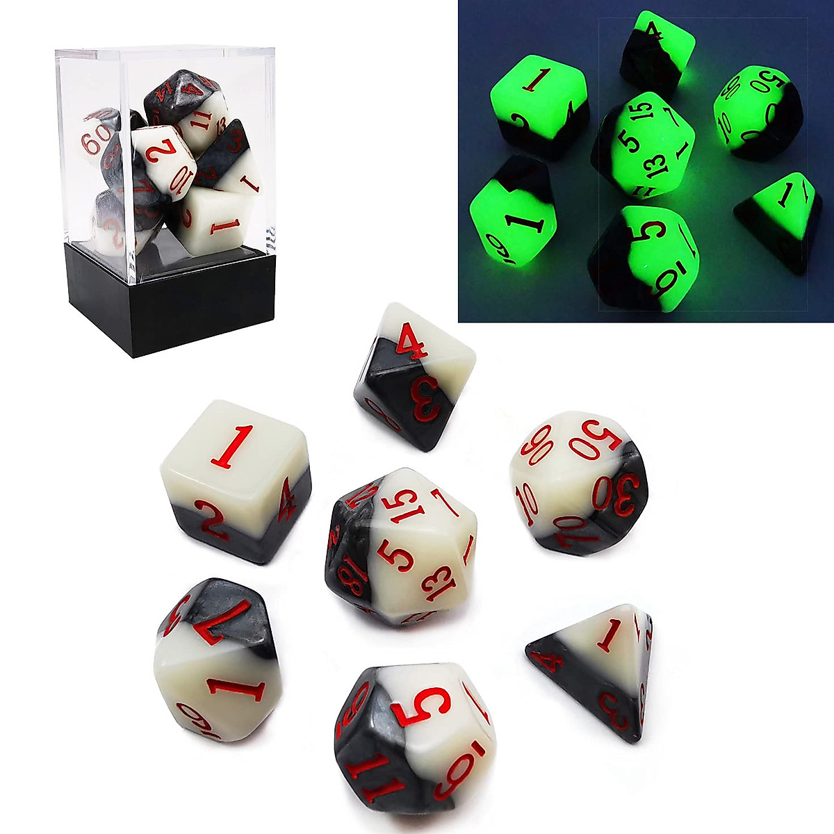 Bescon Two-Tone Glowing Polyhedral Dice 7pcs Set Green Dawn, Luminous RPG Dice Set d4 d6 d8 d10 d12 d20 d%, Brick Box Packaging