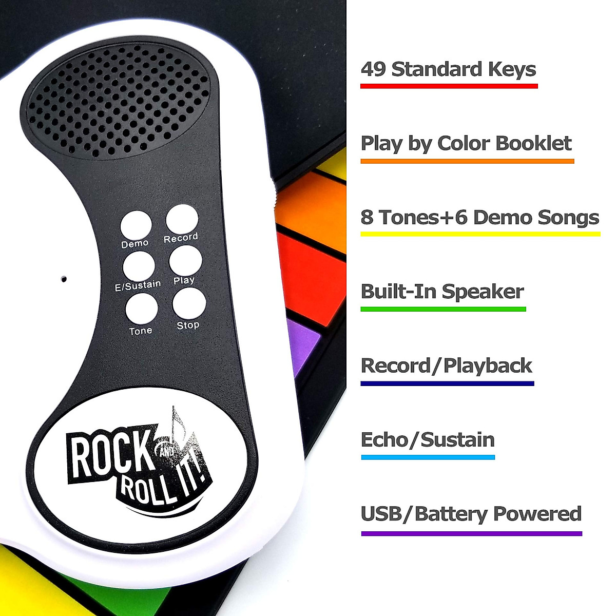MUKIKIM Rock and Roll It - The Original Rainbow Piano. Roll Up Flexible Piano Keyboard for Kids / Beginners. Portable 49 Keys Silicone Piano Pad. Play-by-Color Songbook Included!