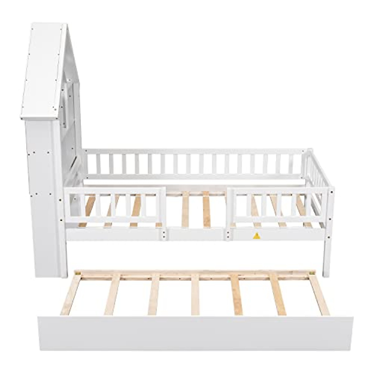 FIQHOME Twin Size Platform Bed for Kids, Twin Size Kids Bed Frame with House-Shaped Headboard, Wooden Twin Bed with Trundle and Fence Guardrails,Solid Wood House Bed for Girls Boys,White