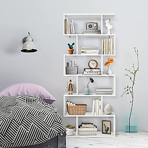 Giantex Geometric Bookcase White, S-Shaped Wooden Bookshelf, 6-Tier Modern Freestanding Decorative Storage Display Shelves for Bedroom, Living Room