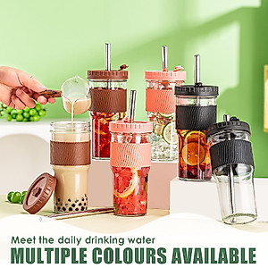 Claplante 6 Pack Glass Tumbler Set, 24oz Bubble Tea Cups with Lid, Silicone Sleeve & Wide Straws, Reusable Leakproof Mason Jar Drinking Glasses for Smoothie, Iced Coffee
