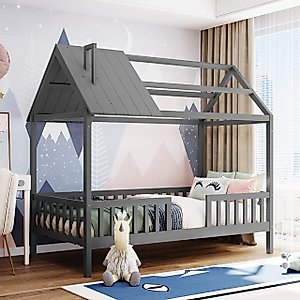 P PURLOVE Twin Size House Bed for Kids,Kid Wood Playhouse Bed Frame with Roof and Fence for Living Room Bedroom,No Box Spring Needed