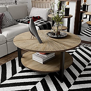 33.5" Round Coffee Table with 2-Tier Storage, Farmhouse Living Room Cocktail Table with Black Metal Leg, Solid Wood Industrial Sofa Center Table,Easy Assembly, Rustic Natural KFZ1338
