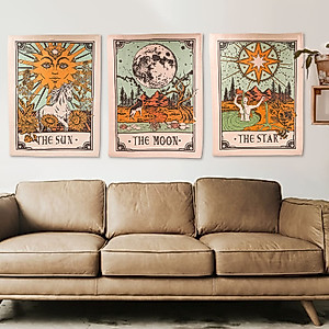 Accnicc 3 Pack Tarot Tapestry, Sun Moon and Star Tarot Card Tapestry, Brown and Beige Tapestry Wall Hanging, Vertical Vintage Aesthetic Wall Tapestry for Room with Steel Grommets (Brown, 20'' × 27'')