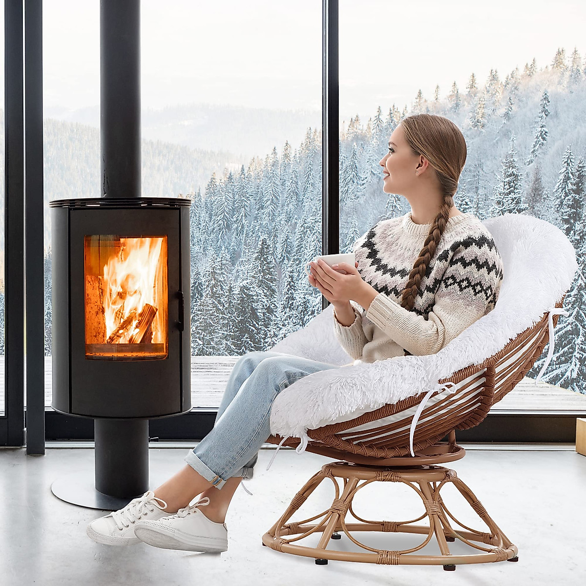 HOMBYS Shaggy Cover for Papasan Cushion, Fluffy Plush Faux Fur Zippered Slipcover Only, Removable and Machine Washable Chair Cushion Covers with 8 Ties (Fit 50-52inch, White)