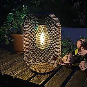 Solar Hanging Lantern Large Black Metal Mesh Lanterns Outdoor Waterproof with LED Lights Solar Powered Table Lantern Edison Bulb Design Lighting for Patio, Garden, Yard, Indoor Decoration