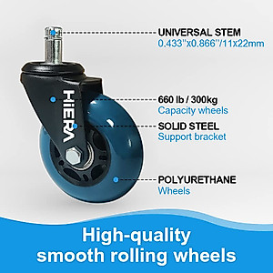 Hiera Office Chair Caster Wheels Gifts Set of 5 - Protect All Your Floors - 3'' Heavy Duty Replacement Desk Chair Casters M11*22 Stem - Best Protection for Your Floors (Blue)