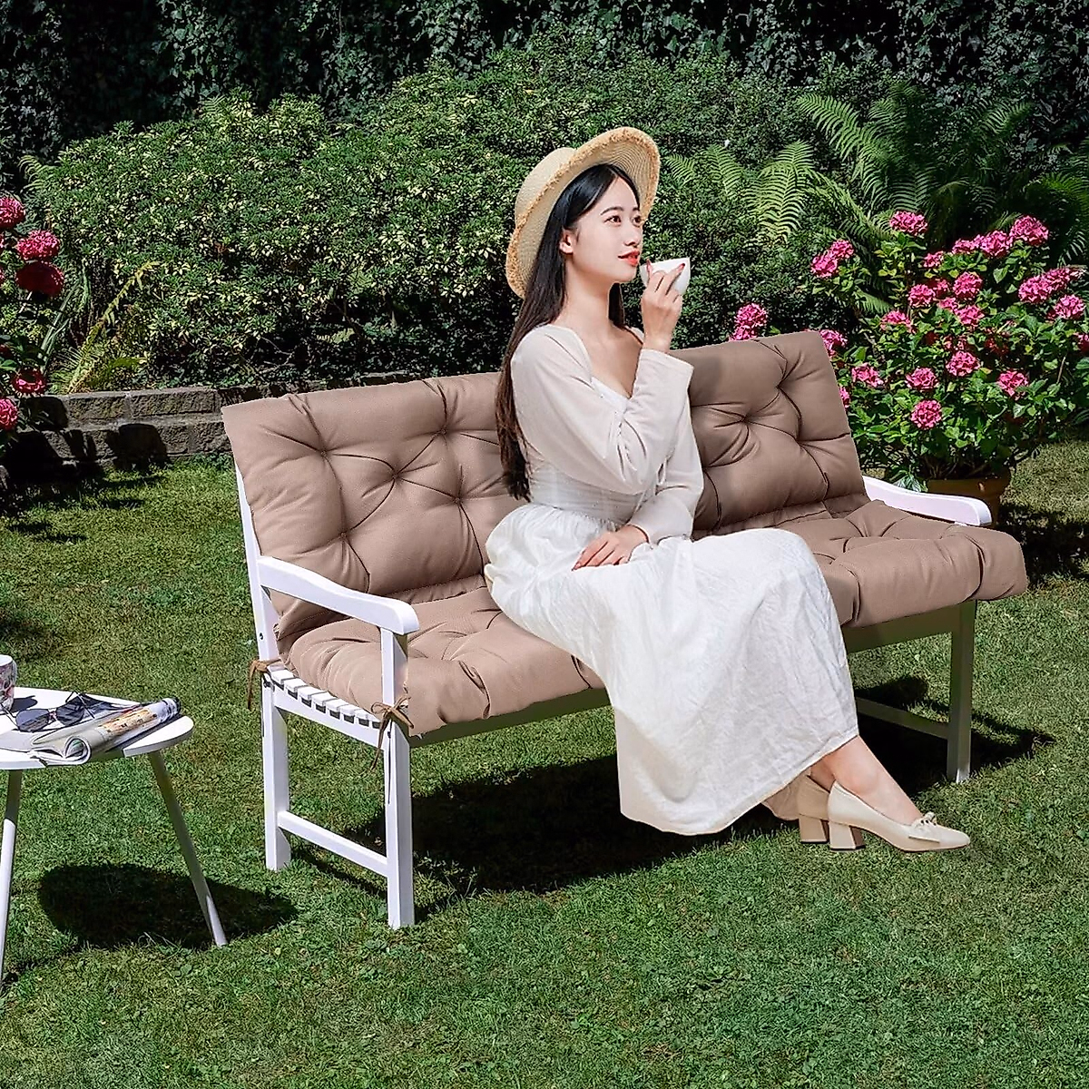 HZODJBH Swing Replacement Cushion, Outside Bench Cushion with Backrest, 2-3 Seater Cushion with Ties for Outdoor Furniture, 60 x 40 x 4 Inches Porch Swing Cushion Garden Bench (Brown)