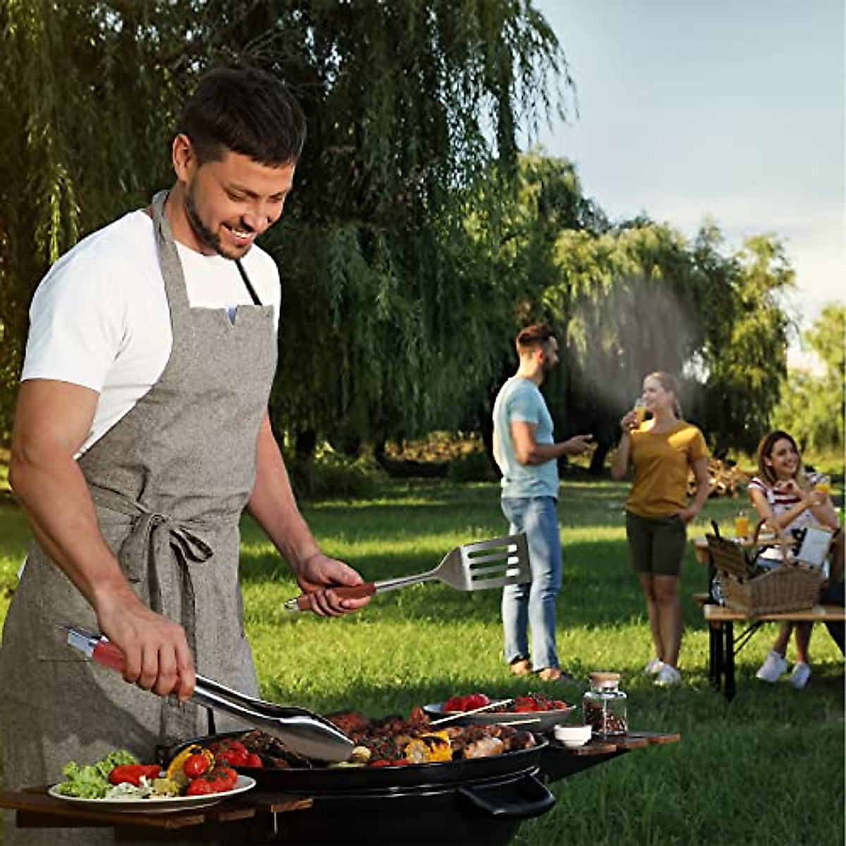BBQ Grill Tools Set Accessories,Rose Wooden 17'' Heavy Duty Essential Grilling Barbecue utensils with Super Thick Stainless Steel Spatula,Clean Brush,Tongs,Knife for Outdoor grill. Grill Gifts for Men