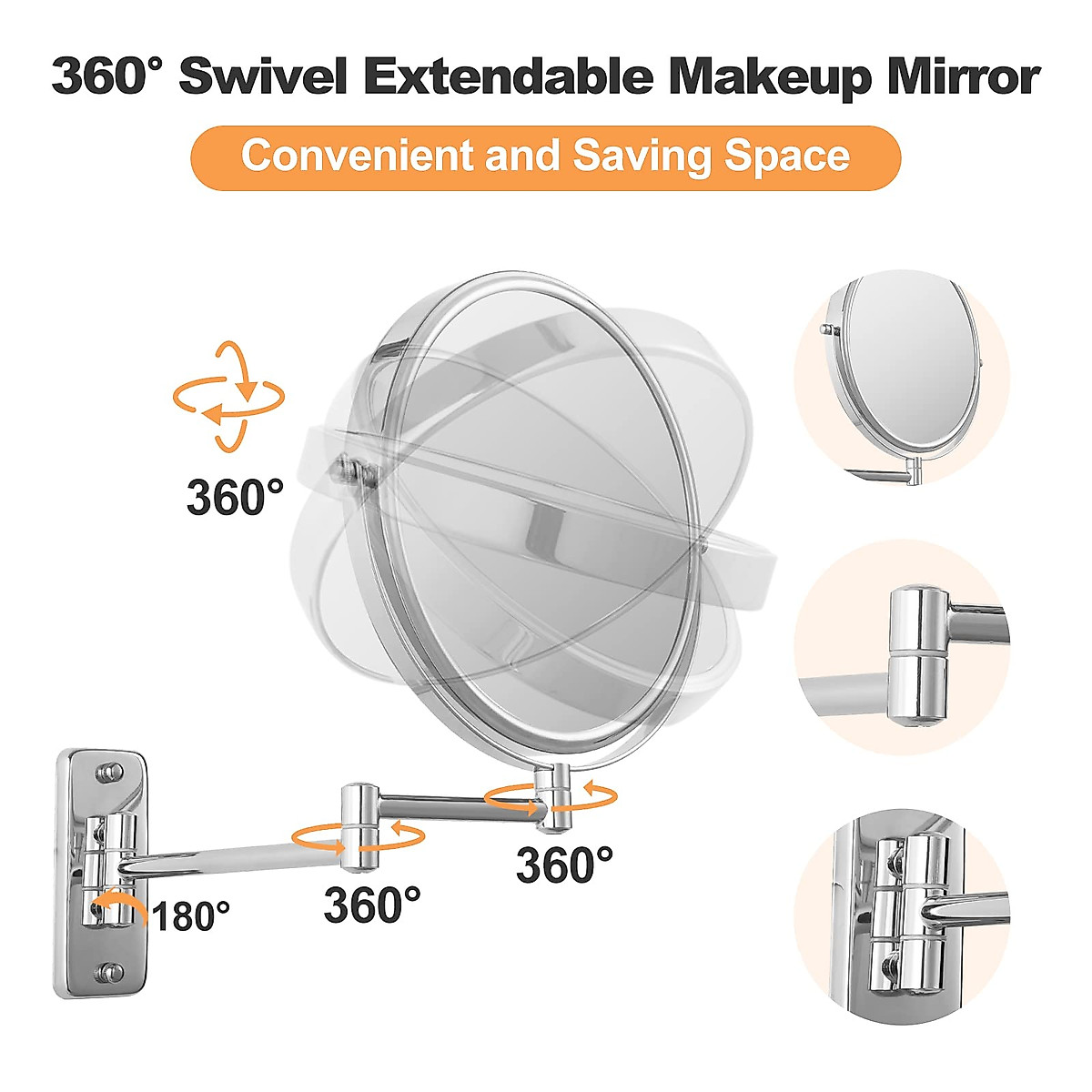 FFowcye 8” Wall Mounted Makeup Mirror - 1X/10X Double Sided Magnifying Bathroom Mirror, 360° Swivel Extendable Vanity Shaving Mirror with Adjustable Arm for Bathroom, Chrome（No Light）
