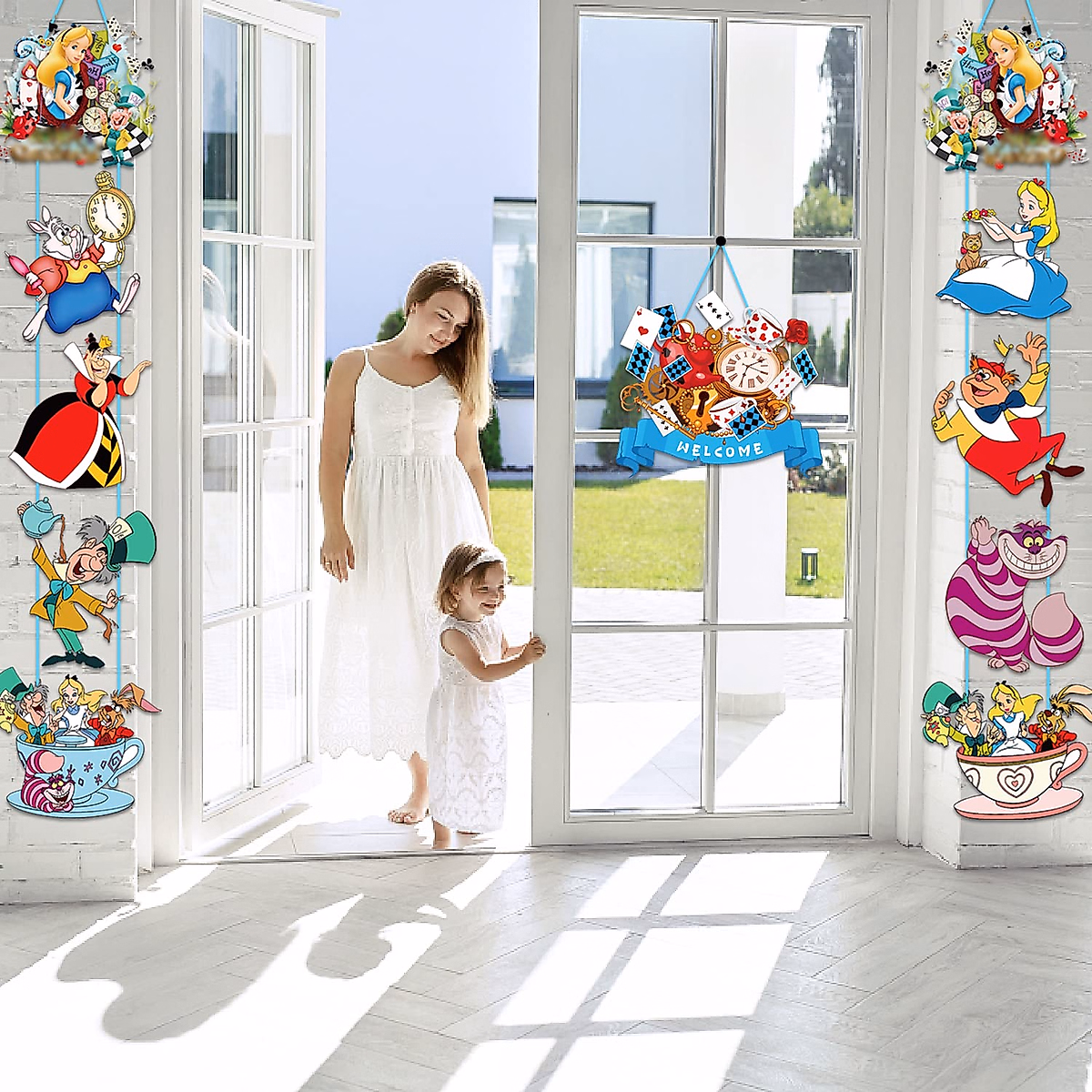 Alice In Wonderland Door Sign Banner,Designed Door, Hanging Banner,Porch Sign Banners,Welcome Hanging Alice for Tea Party Birthday Party Alice In Wonderland Party Decorations